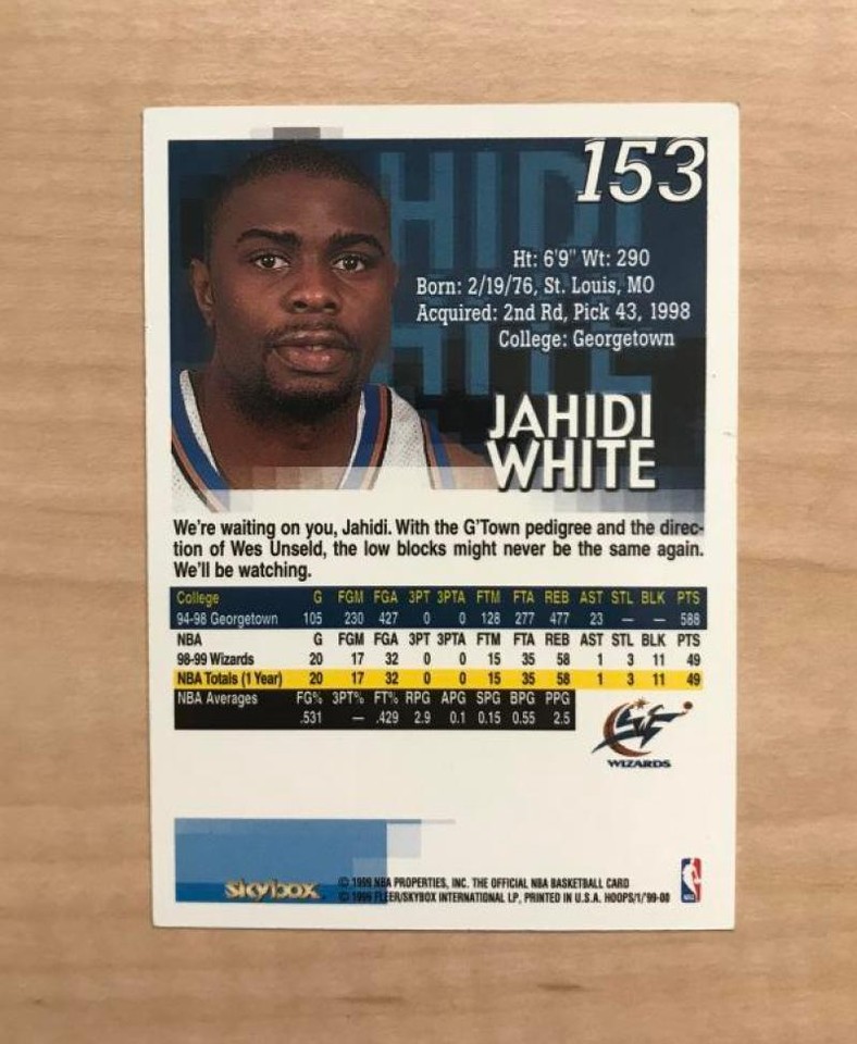 JAHIDI WHITE WASHINGTON WIZARDS AUTOGRAPHED 99-00 NBA HOOPS CARD #153 W ...