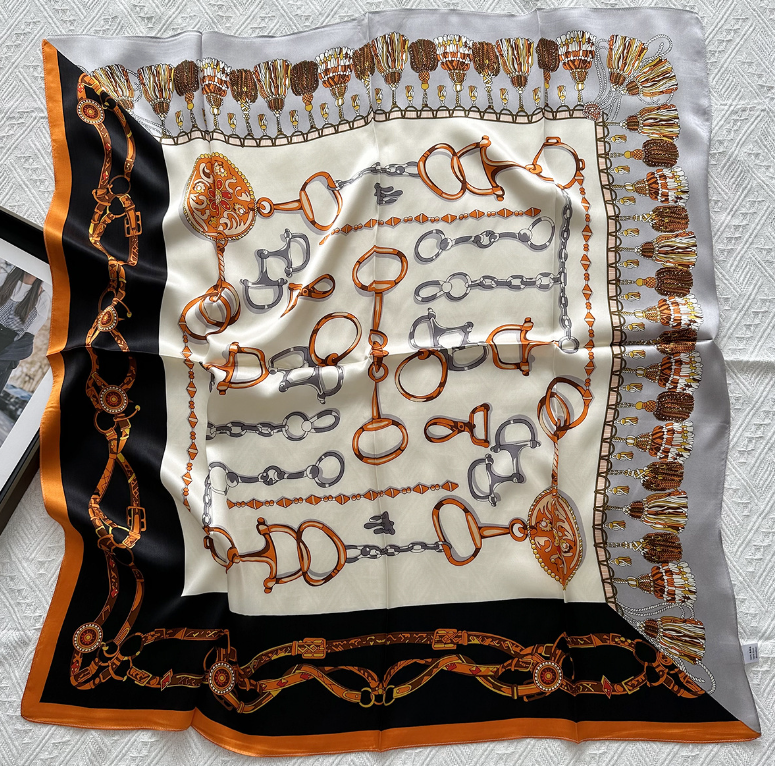 Pure 12 Momme 100% Silk Wrap Scarf Bandanna Orange chain Print Square ...