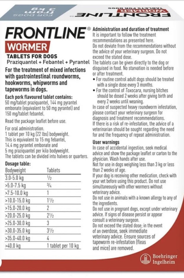 FRONTLINE WORMER - Worming Tablets for Dogs - 2 Tablets, white 2 ...