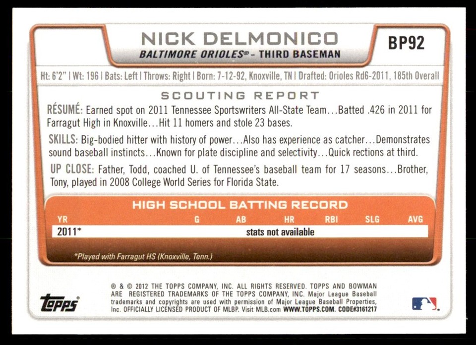 Nick Delmonico 2012 Bowman Prospects Rookie Card RC #BP92 Baltimore ...