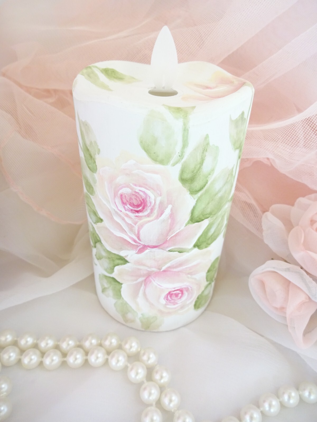 PINK ROSES BO TIMER PILLAR CANDLE Hand Painted DAS hp chic shabby ...