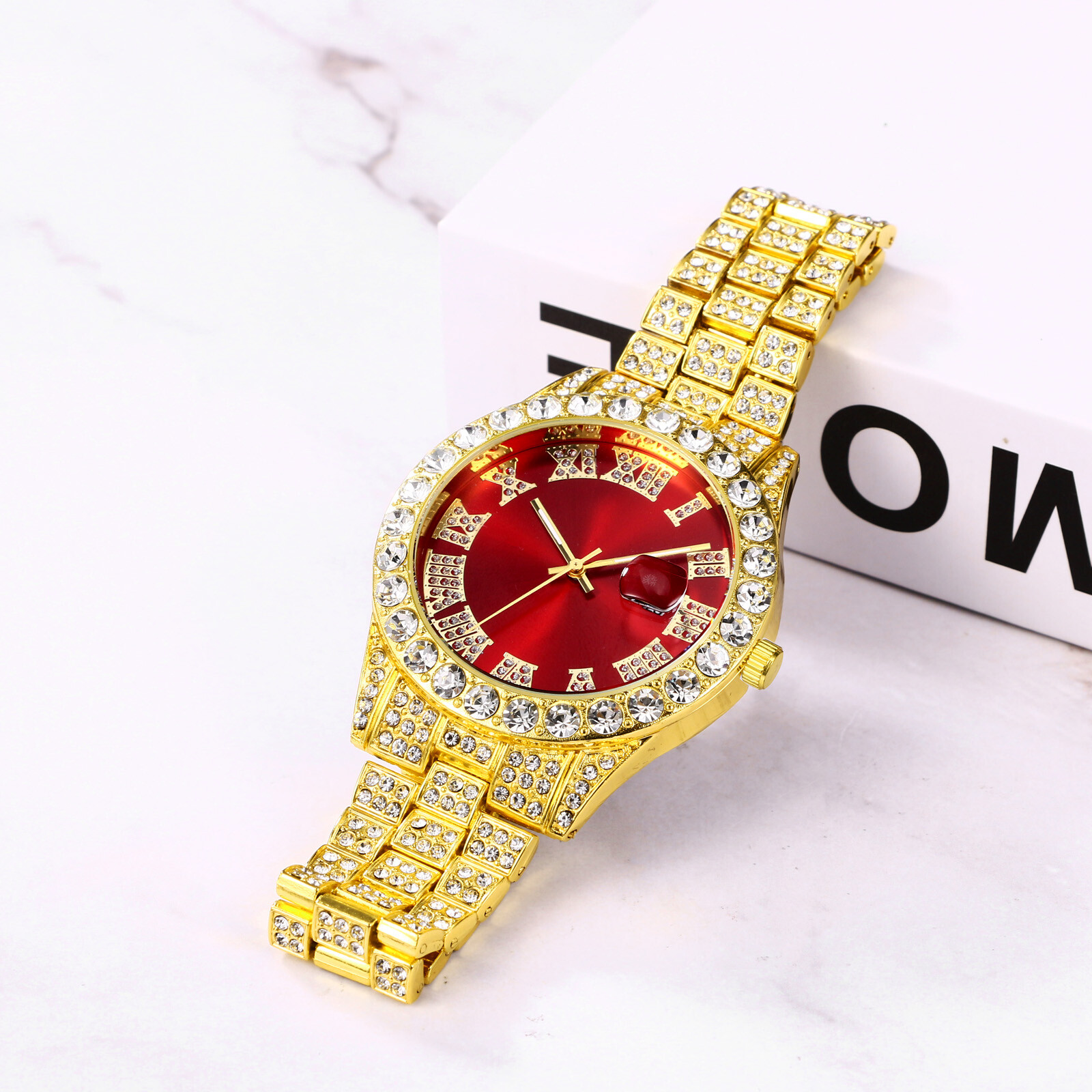 Hip Hop Men CZ Iced Round Stainless Steel Date Quartz Wrist Watch Cuban ...
