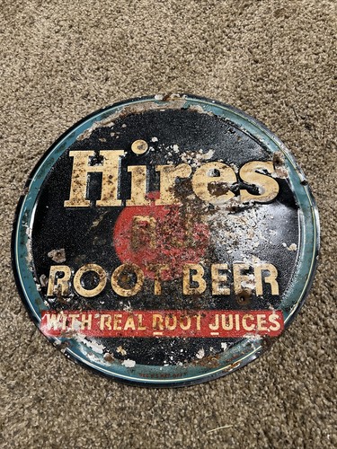 Vintage Hires Root Beer 12” Round Embossed Tin Sign Rare Soda Man Cave ...