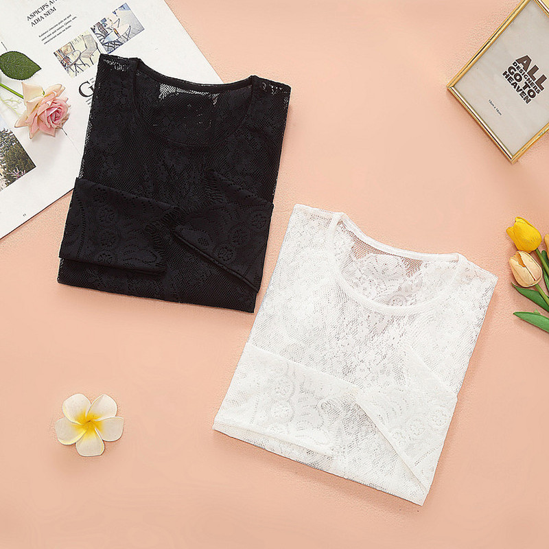 Women Lace Mesh Sheer Shirts Tops T-shirts Long Sleeve Floral See ...
