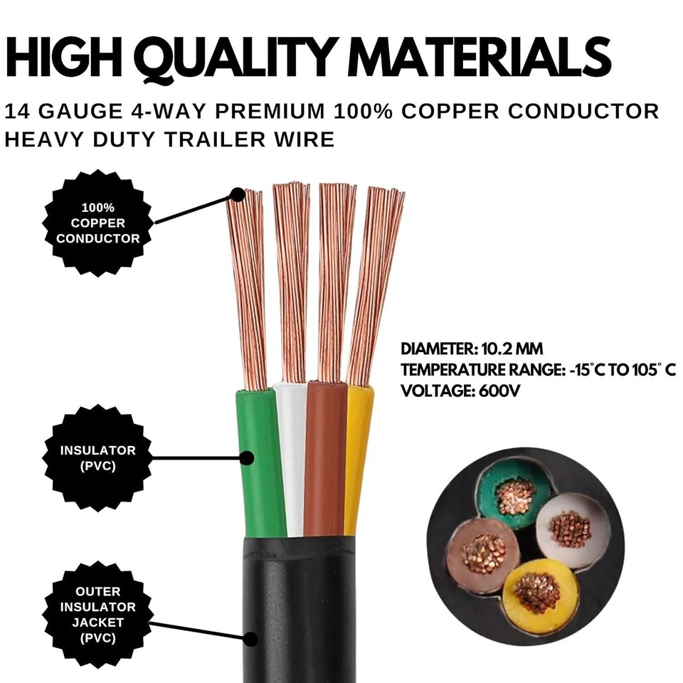 Heavy Duty 14 Gauge 4 Way Conductor Wire RV Trailer Cable Cord 100% ...