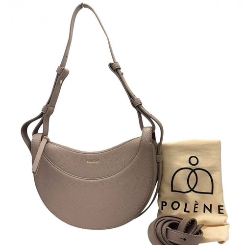 POLENE Shoulder Bag All Leather Half Moon Greige × Gold Logo W/Strap Dust Bag | eBay