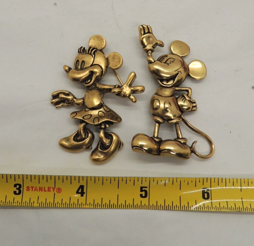 Disney Mickey & Minnie Mouse Gold Tone Pin Brooch Set Moveable Minnie w ...