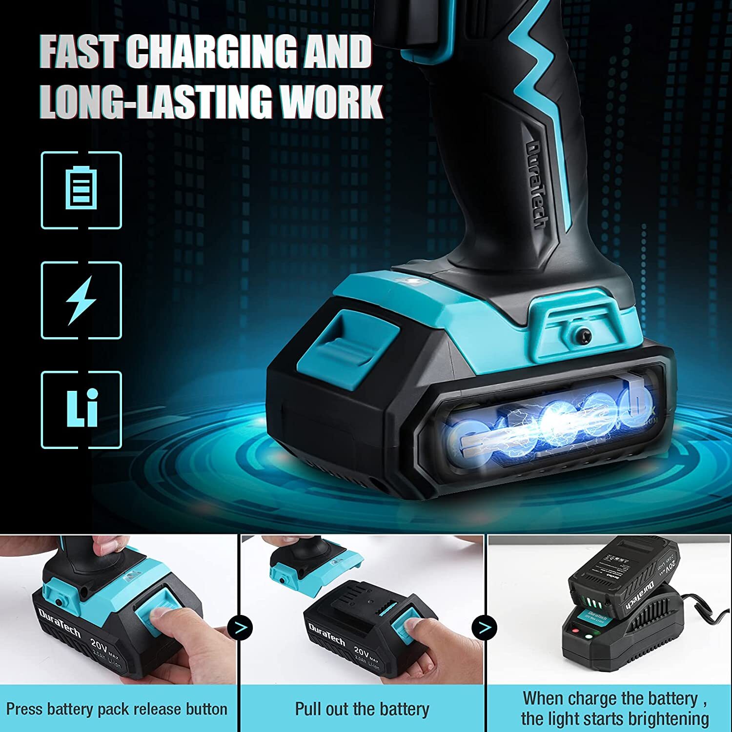 DURATECH 1/2" Cordless Drill Driver Set with Keyless Chuck, 20V ...