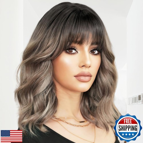 Miuric Brown Wig with Bangs Ombre Wigs for Women Short Wavy Highligh ...