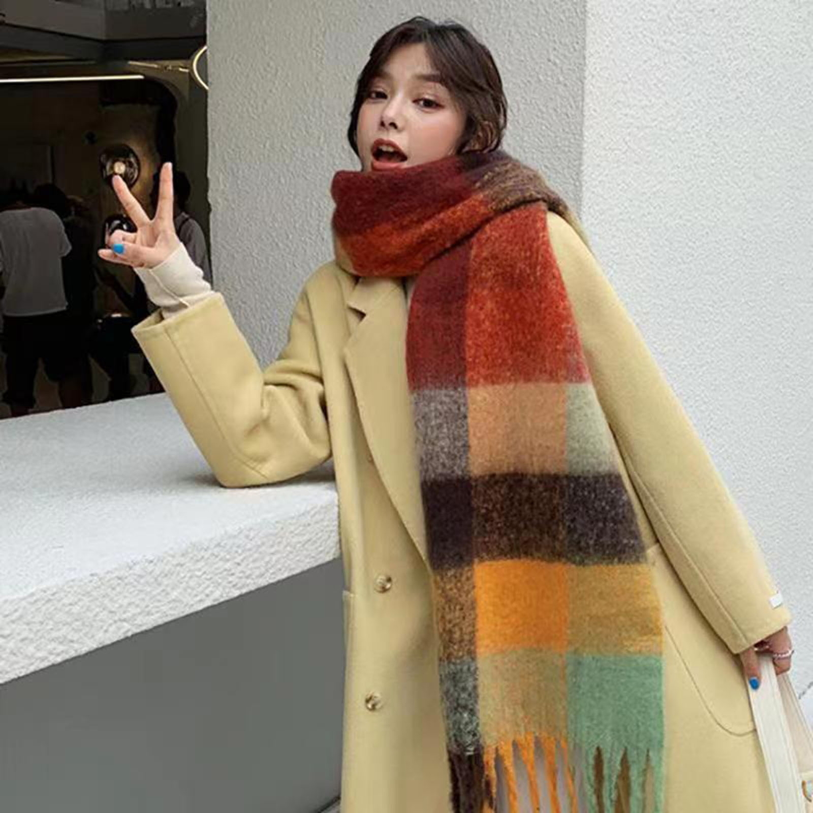 Women Long Scarf Plaid Print Stylish Winter Scarves Colorful Colorblock ...