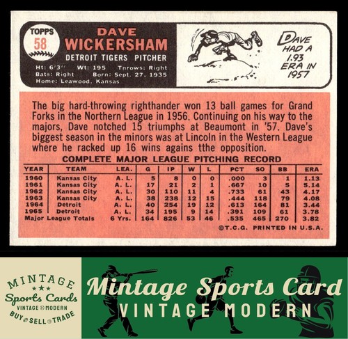 1966 Topps - Dave Wickersham - #58 Detroit Tigers | eBay