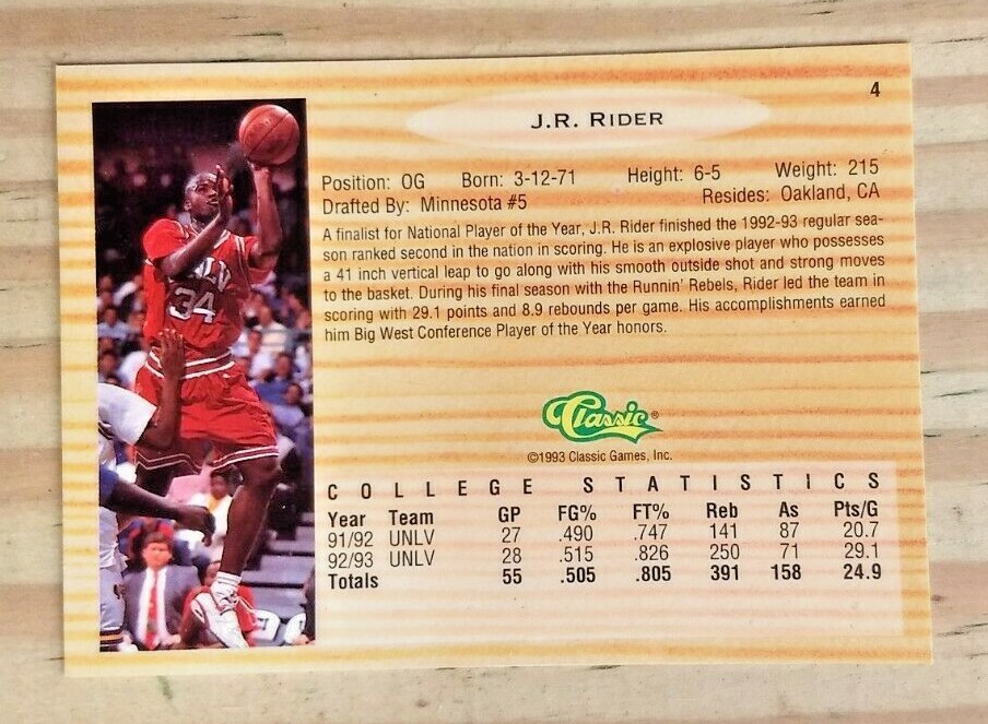 1993-94 CLASSIC ISAIAH J.R. RIDER ROOKIE DRAFT CARD#4 MINT UNLV BLAZERS ...