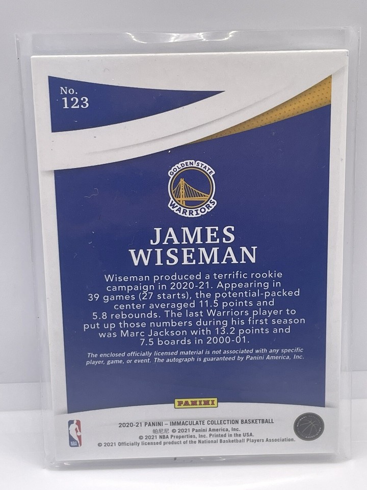 2020-21 Immaculate Collection #123 James Wiseman Rookie Auto Patch /33 ...