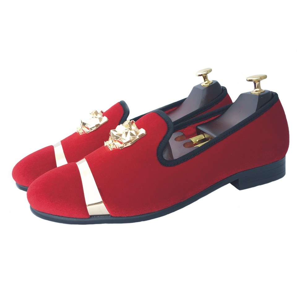 Men Red Velvet Loafers Wedding Dress Shoes with Red Bottom Buckle ...