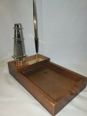 Vintage Wood Desk Note Paper Holder TEXAS OIL DERRICK With Gold Quill ...