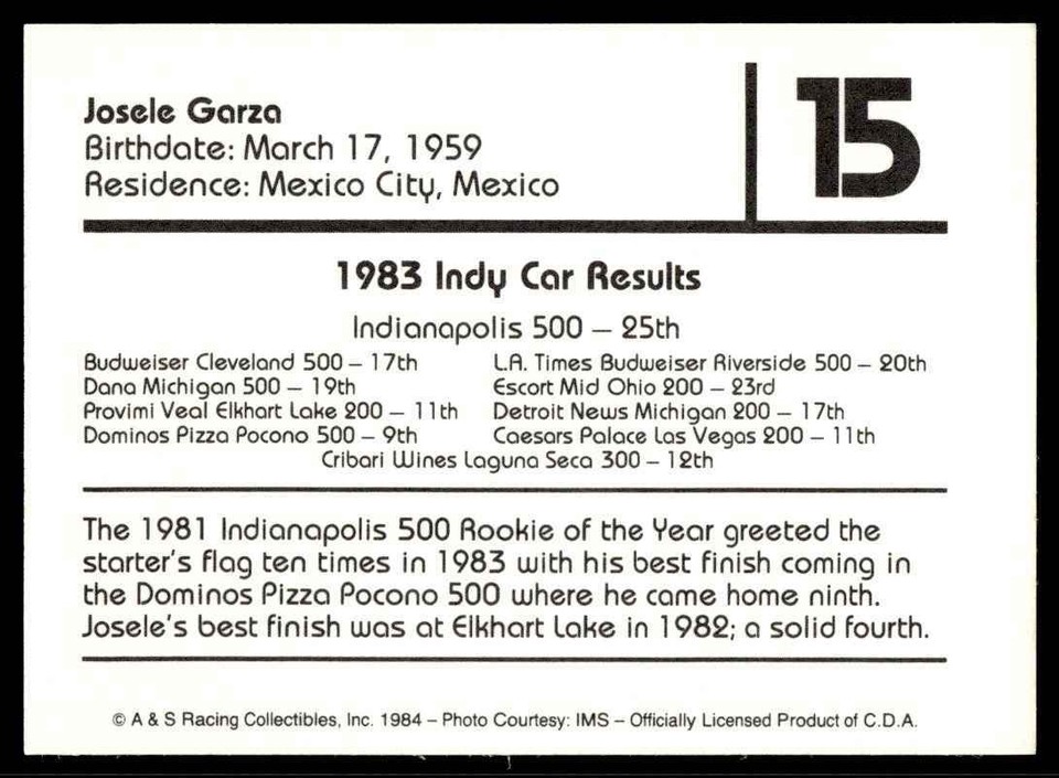 1984-85 CDA PPG Indy Car World Series Jessie Garza #15 | eBay