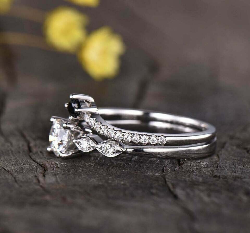 1CT Round Cut Simulated Diamond Wedding Bridal Ring Set 14K White Gold ...