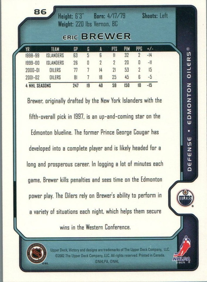 #86 Eric Brewer Edmonton Oilers 2002 03 Upper Deck Victory Hockey Card ...