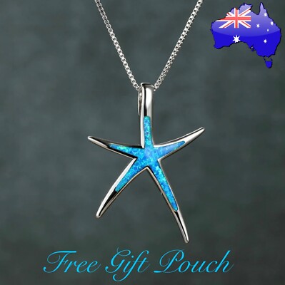 Blue Fire Opal Starfish Pendant 925 Sterling Silver Chain Necklace ...