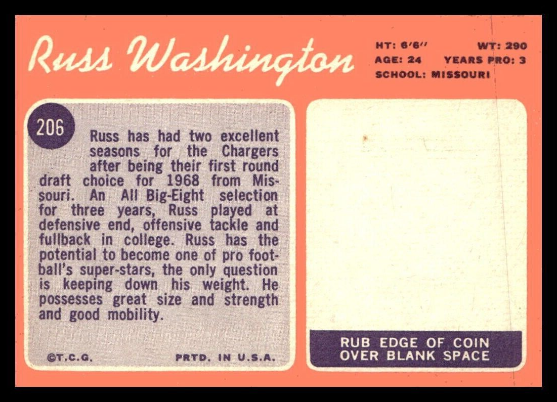 1970 Russ Washington Topps Football Rookie Rc #206 EX-MT *NICE* SET ...