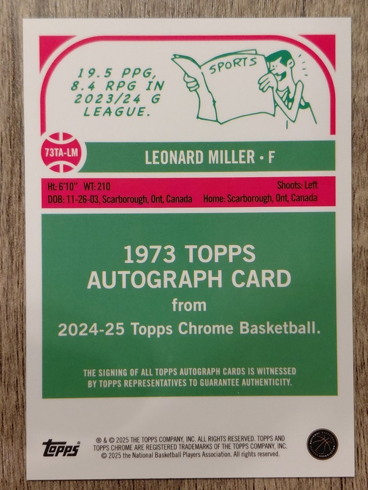 2024-25 Topps Chrome 1973 Leonard Miller Purple Geometric Refractor ...