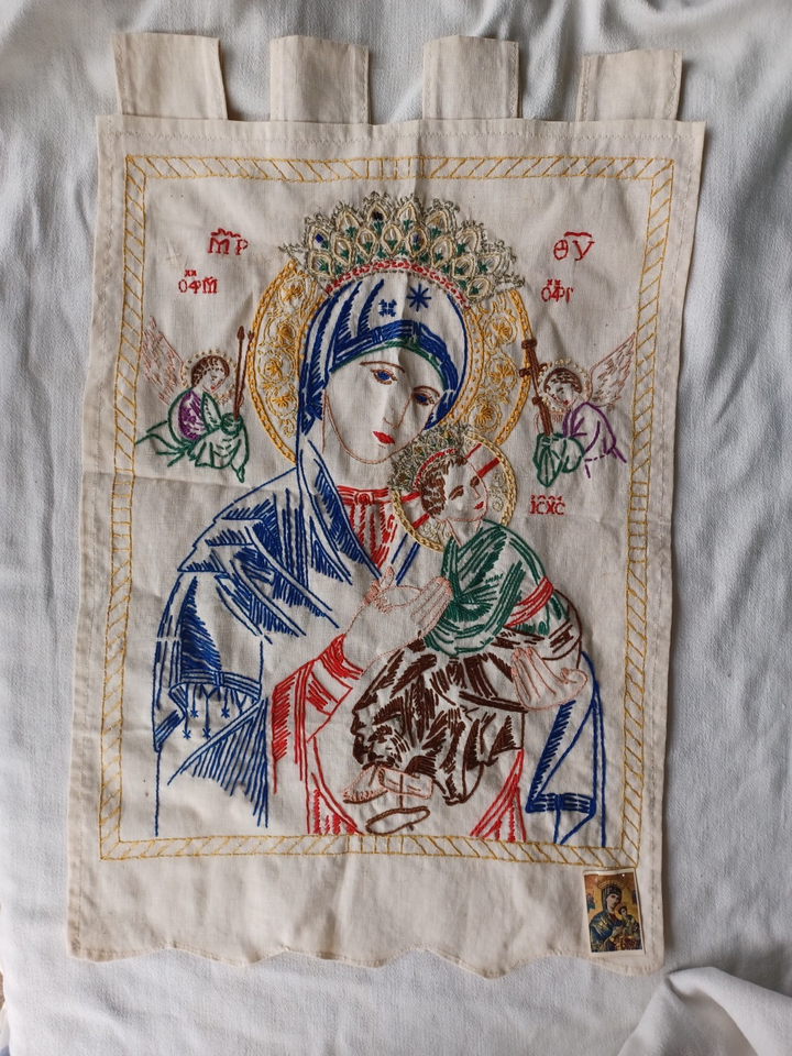 VINTAGE SACRED HEART RELIGIOUS EMBROIDERY MADONNA CHRIST BEAD WORK WALL ...