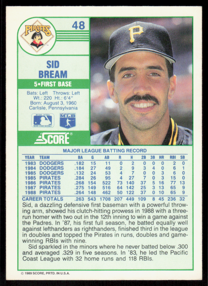 1989 Score 48 Sid Bream Pittsburgh Pirates | eBay