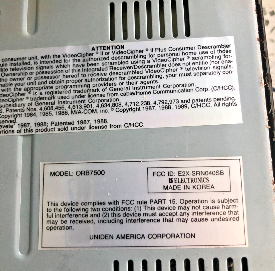 US Electronics Satellite Receiver Videocipher Descrambler ORB7500 ...