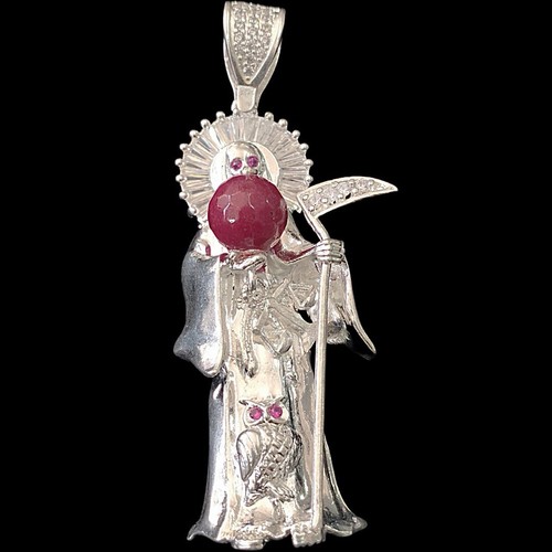 925 Sterling Silver Iced Out CZ Santa Muerte Pendant Grim Reaper ...