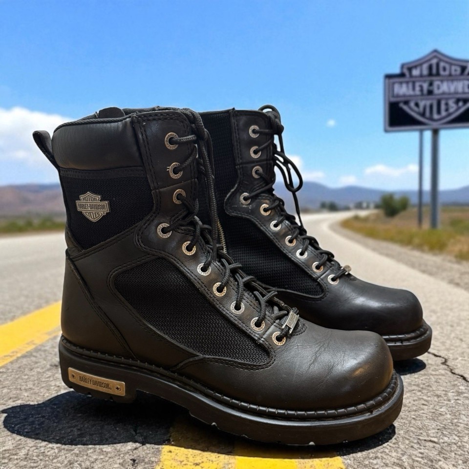 HARLEY DAVIDSON Men Motorcycle Boots Black Leather Lace Zip Side Shield ...