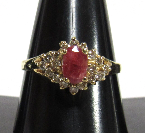 18K 750 Yellow Gold Natural Ruby & Diamond Cluster Ladie's Sz 8.25 Ring ...