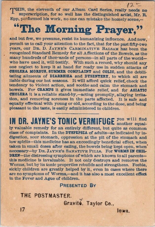 Trade Card Dr. D. Jayne's Carminative Balsam (The Morning Prayer) S6D ...