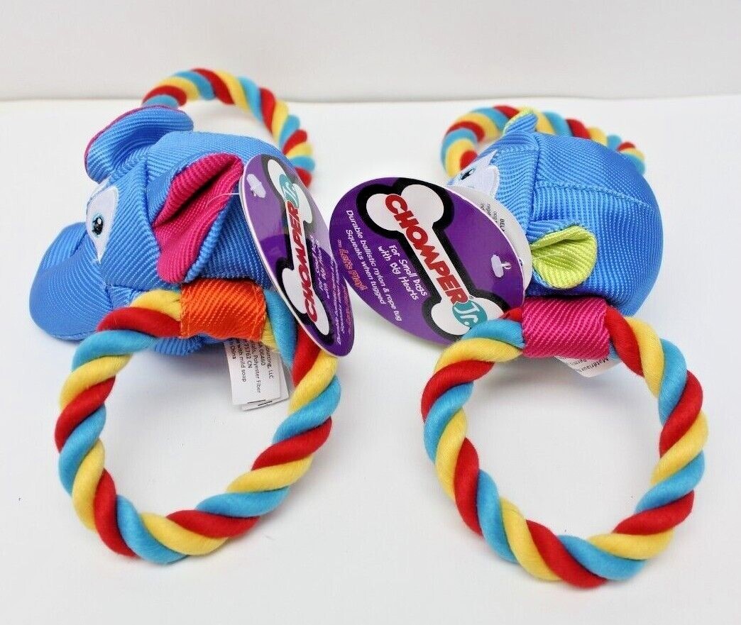 (LOT OF 2) Chomper Jr. Blue Durable Ballistic Nylon & Rope Tug Squeaks ...