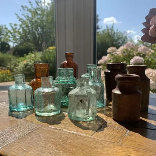 Antique Ink Wells, Vintage Ink Stoneware Pots Glass Bottles x 11 | eBay