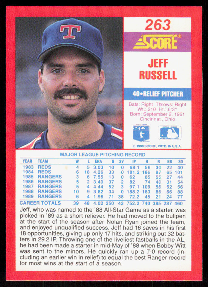 1990 Score 263 Jeff Russell Texas Rangers | eBay