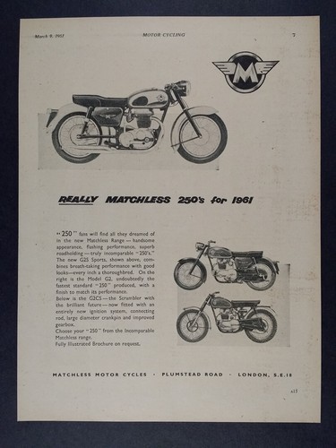 1961 Matchless 250 G2S G2 G2CS Motorcycles vintage print Ad | eBay