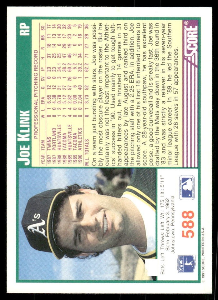 1991 Score #588 Joe Klink | eBay