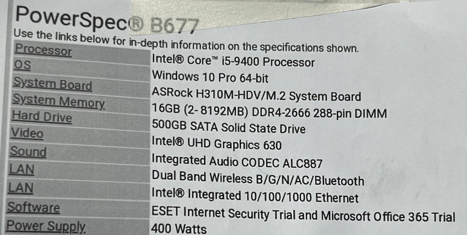 Powerspec B677 Desktop Intel Core i5-9400 Processor 16GB Tested Working ...