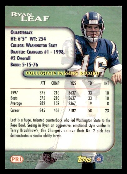 1998 Stadium Club #PR1 Ryan Leaf Rookie San Diego Chargers | eBay