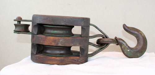 VTG ANT Wood Cast Iron Block & Tackle Triple Pulley w Hook 15" Farm ...