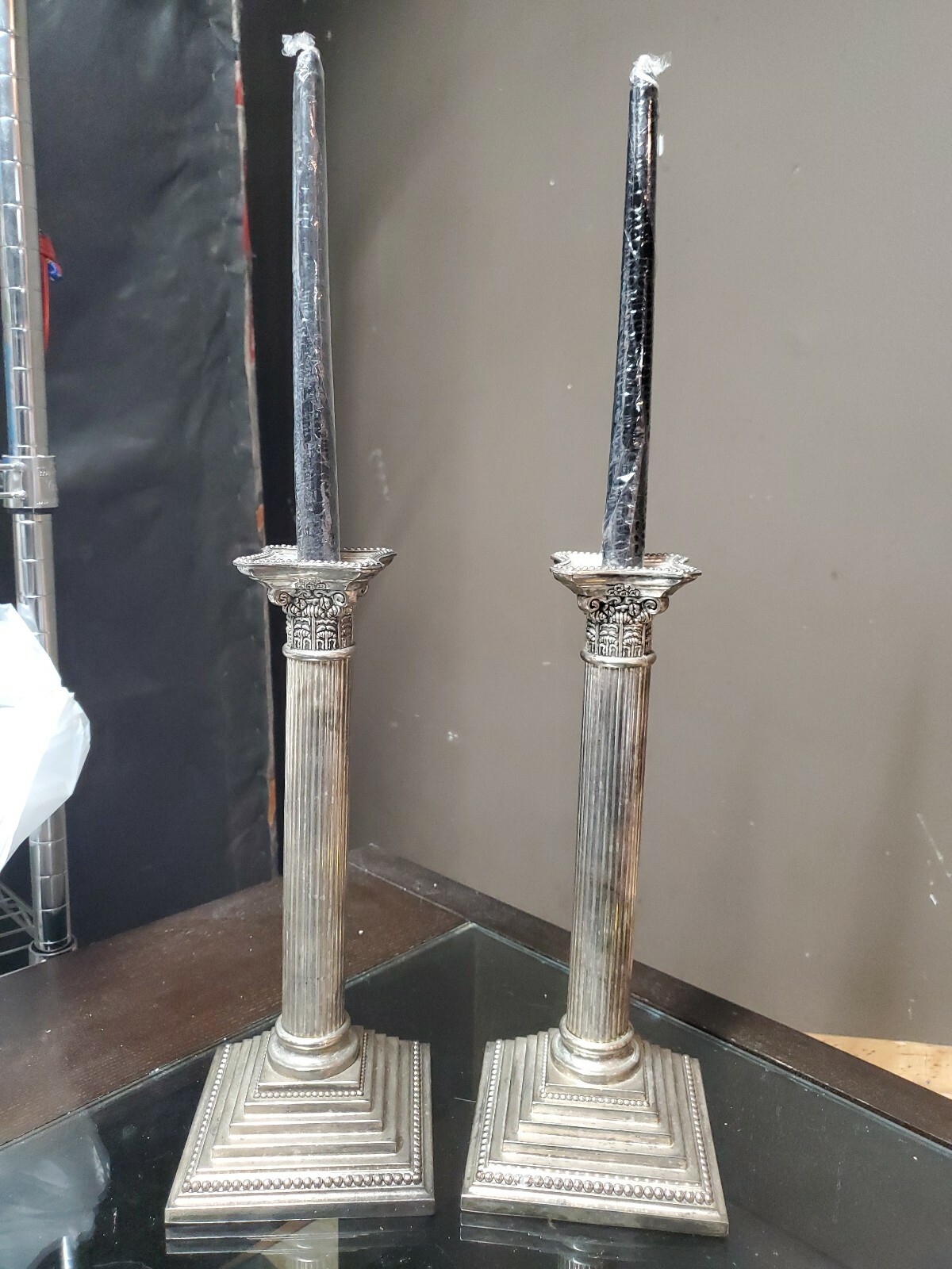 (2) Studio Silversmith Candlesticks Roman Pillars Victorian Medieval ...