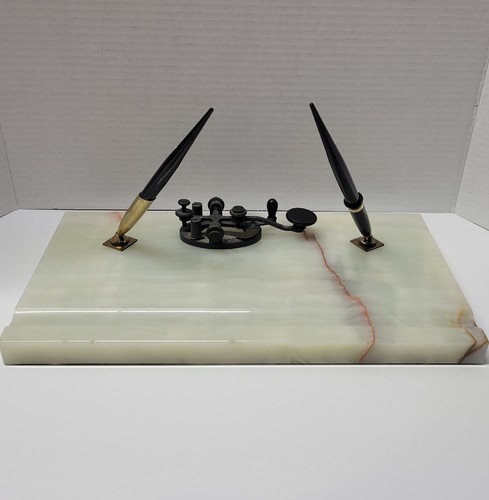 Vintage Sheaffer Fountain Pen Marble Desk Set White Dot 14k Bunnell ...