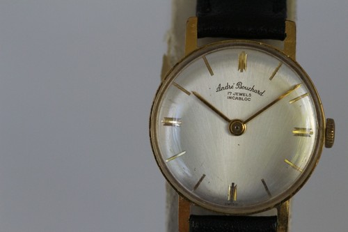 VINTAGE ANDRE' BOUCHARD LADIES 25MM WRIST WATCH WITH BLACK LEATHER ...