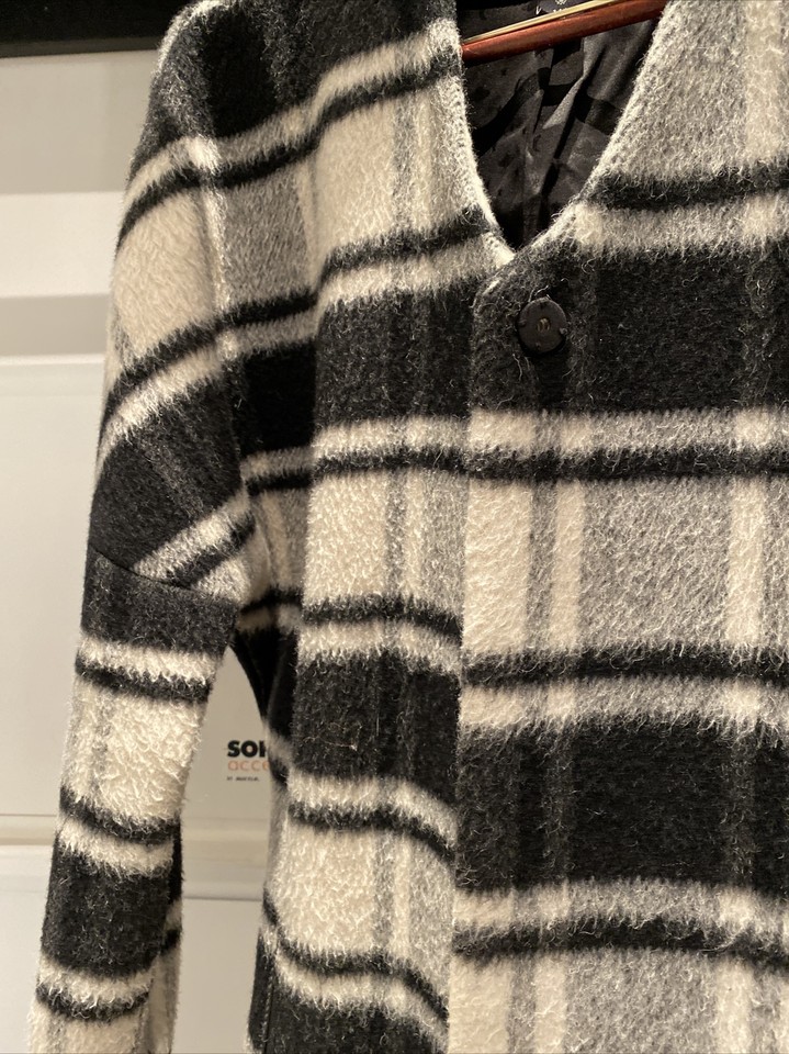 MAISON SCOTCH BLACK CREAM CHECK PLAID WOOL OVERSIZED COAT 1/2 XS £195 ...