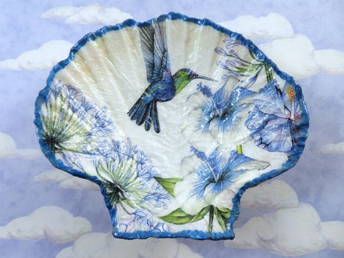 Decoupage Art Scallop Seashell Trinket Dish Hummingbird Floral Blue Rim ...
