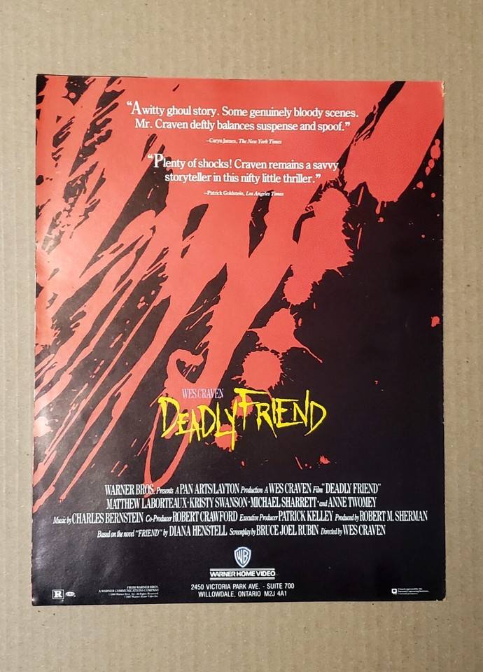 DEADLY FRIEND - Original Video Store VHS Ad Slick Promo Brochure Poster ...