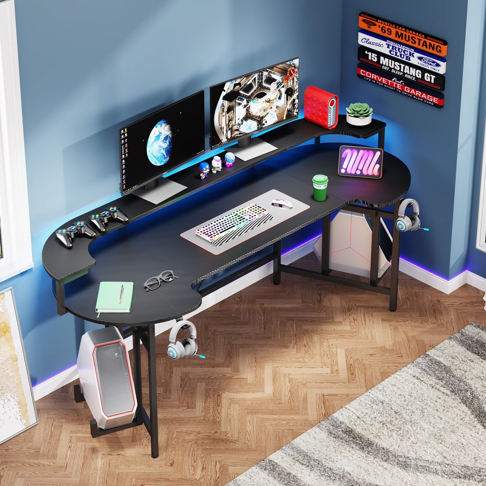 Black Wood Gaming Desk with Led Strip, Computer Desk Workstation ...