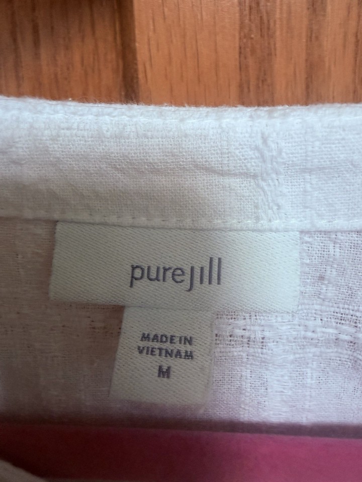 J.jill Pure Jill White Button Duster Sz Med Slits Sides Patterned Linen ...