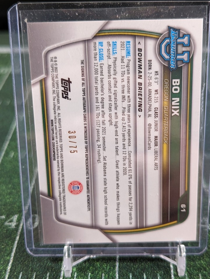 2022 Bo Nix Bowman University Chrome Yellow Auto 30/75 Oregon Ducks | eBay