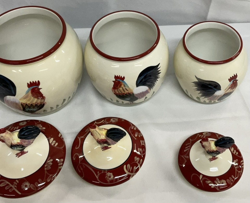 Vtg 3 Pc. Home Interiors The Rooster Canister Set Hand Painted Chicken ...